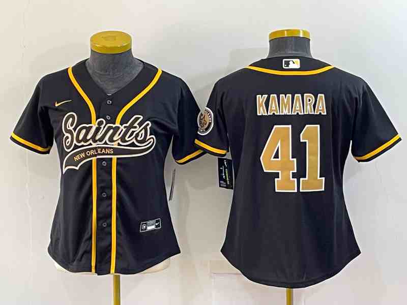 Women's New Orleans Saints #41 Alvin Kamara Black With Patch Cool Base Stitched Baseball Jersey ...